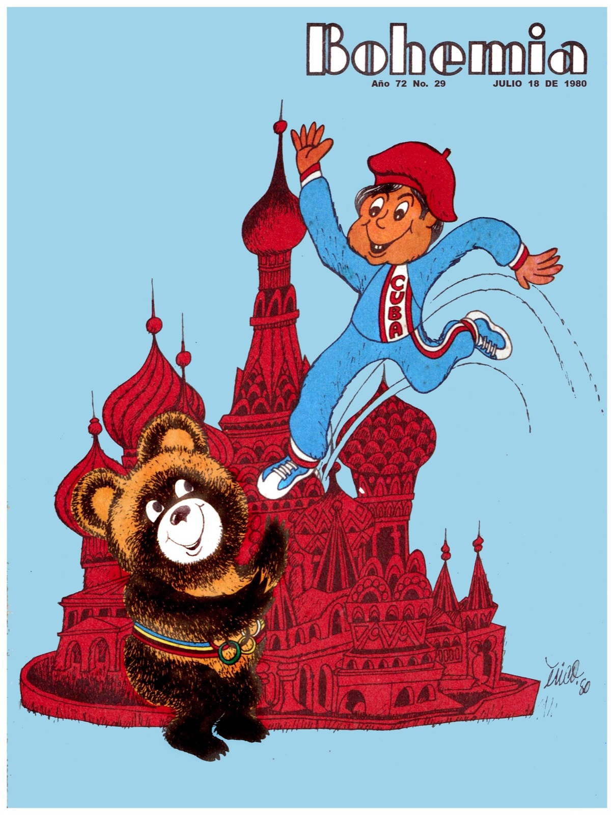 9702.Retro Cuban man jumping with bear.red castle.POSTER.decor Home ...