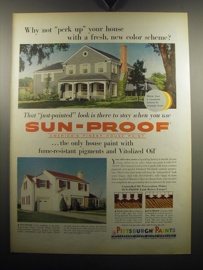 1957 Pittsburgh Paints Sun-Proof Paint Ad - Why not perk up your house ...