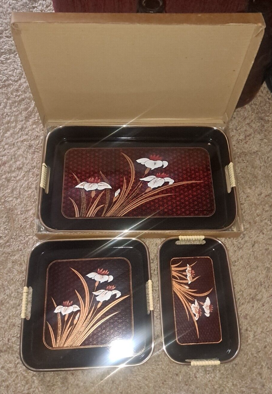 Vintage MCM Black 3 Tray Set Lacquerware red white gold Floral Made in ...