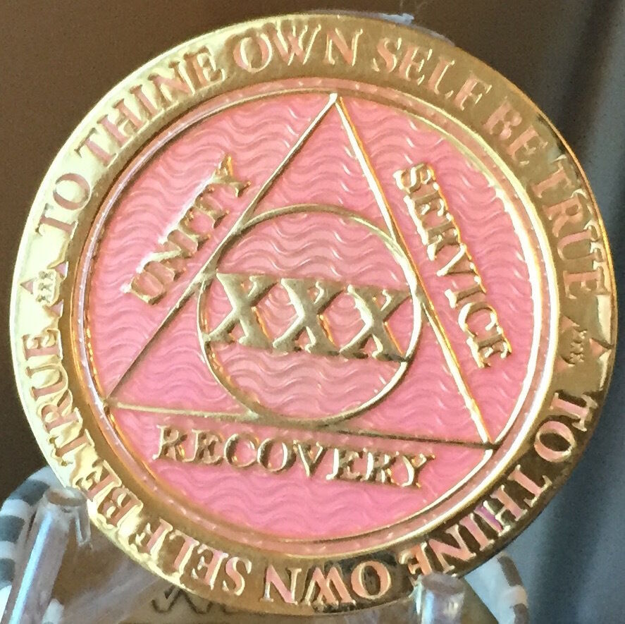 30 Year AA Medallion Pink Gold Plated Alcoholics Anonymous Sobriety ...