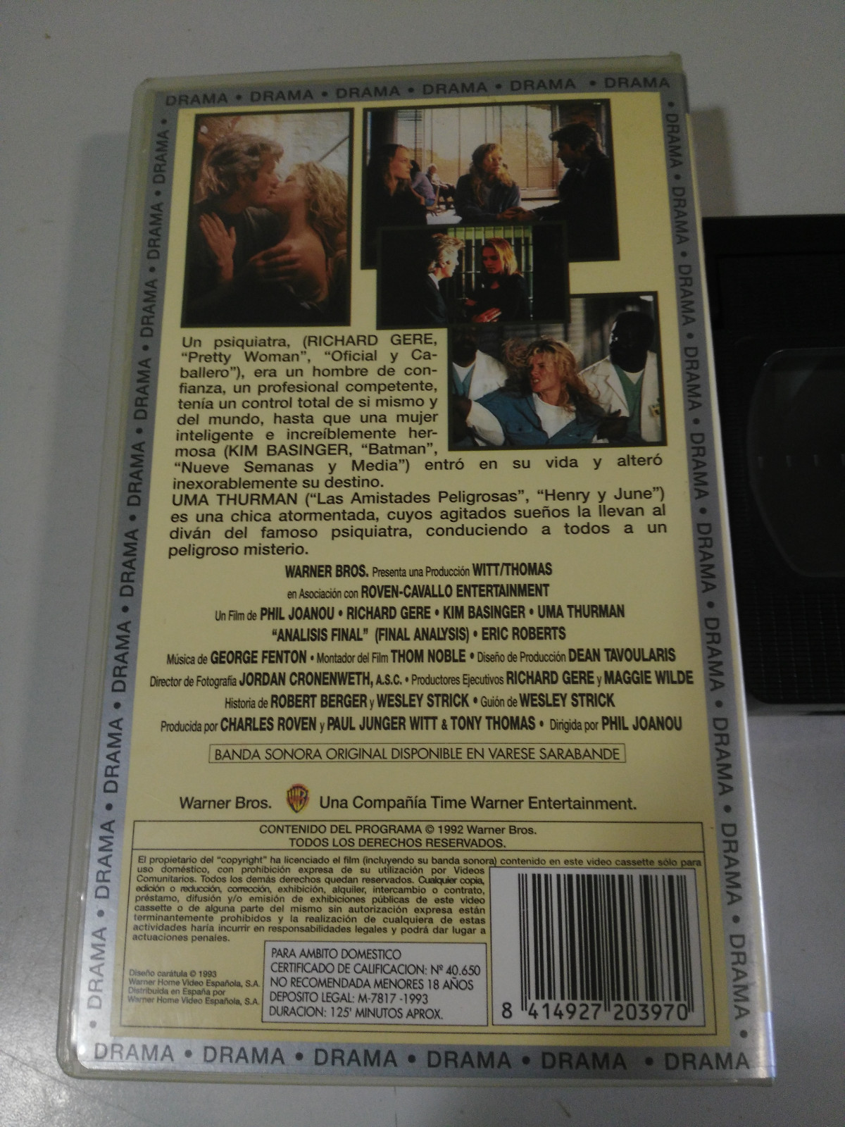 Final Analysis Richard Gere Kim Basinger Uma Thurman - VHS Tape Spanish ...