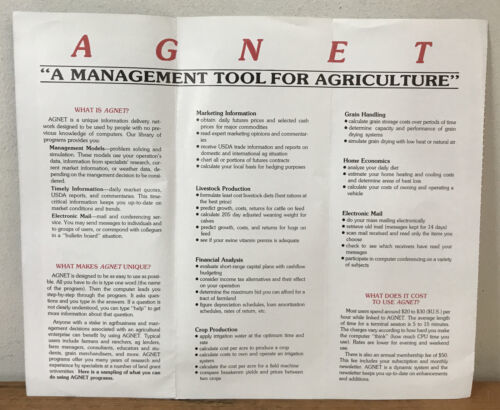 Vintage 1984 AGNET Fact Sheet Pamphlet Brochure Agricultural Software ...