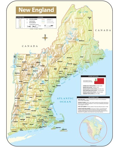 New England Shaded Relief Wall Map on Roller - Maps & Atlases