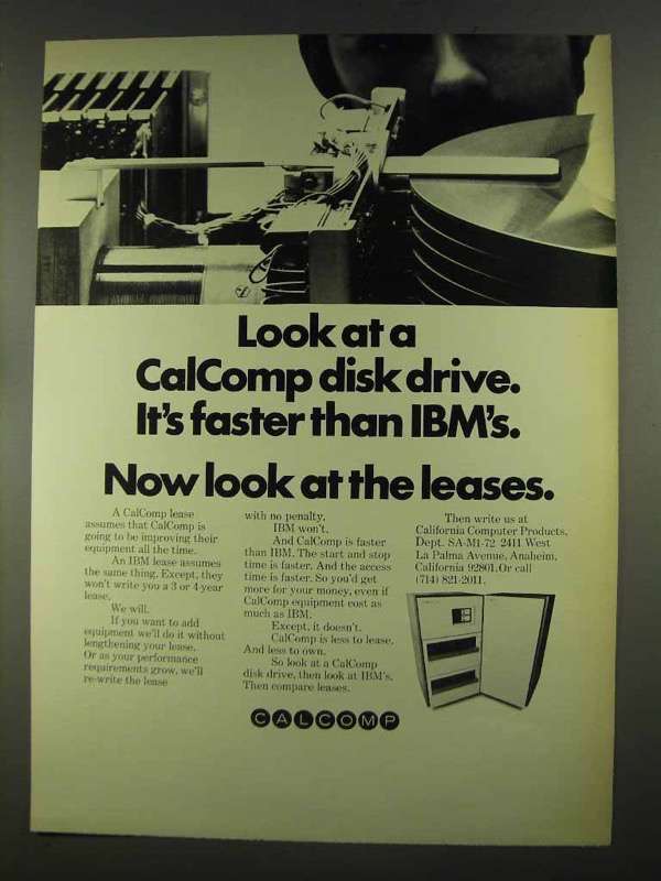 1972 Calcomp Disk Drive Ad - Faster Than IBM's - 1970-79