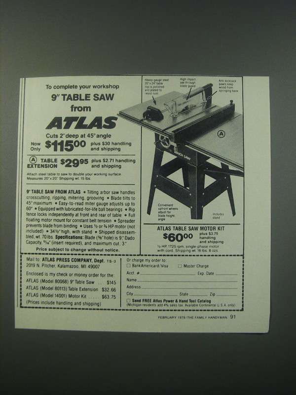 1979 Atlas Table Saw Ad - To Complete Your Workshop - 1970-79