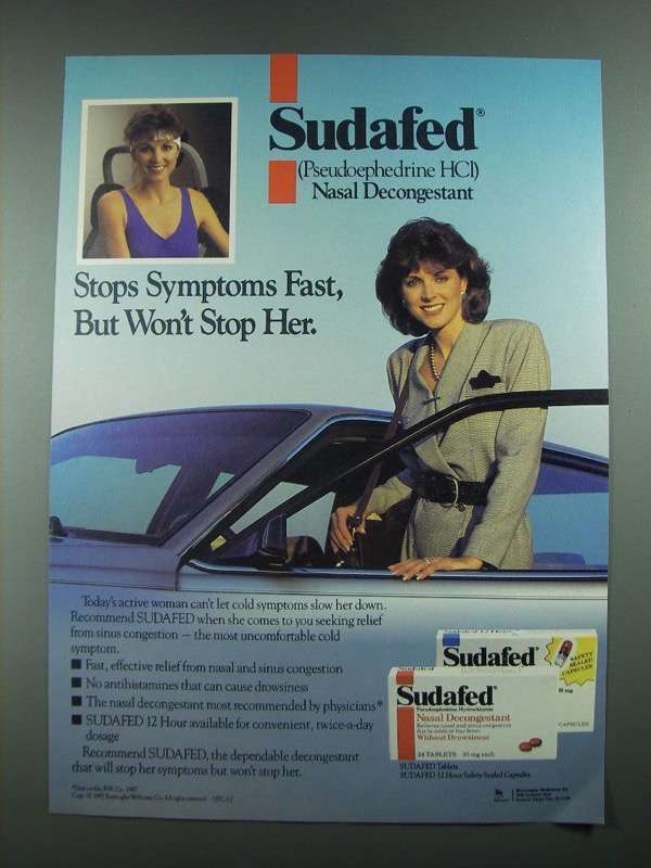 1988 Sudafed Nasal Decongestant Ad - Stops Symptoms Fast - 1980-89