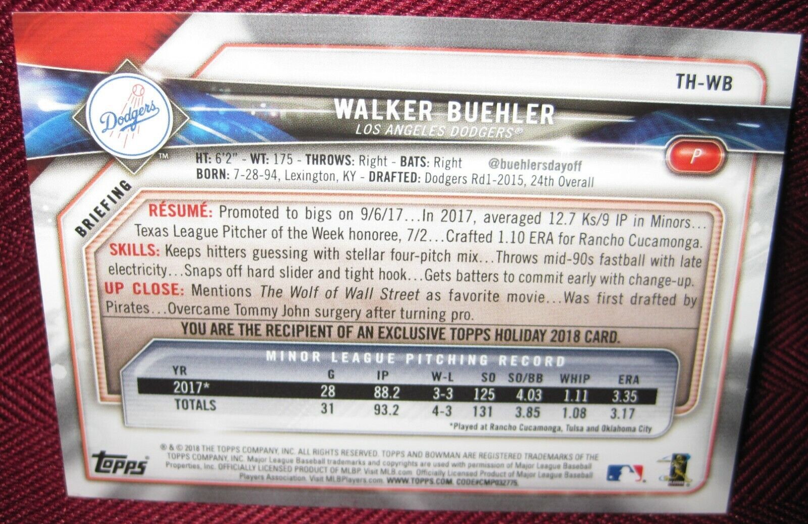 2018 TOPPS BOWMAN HOLIDAY #TH-WB WALKER BUEHLER RC LOS ANGELES DODGERS ...