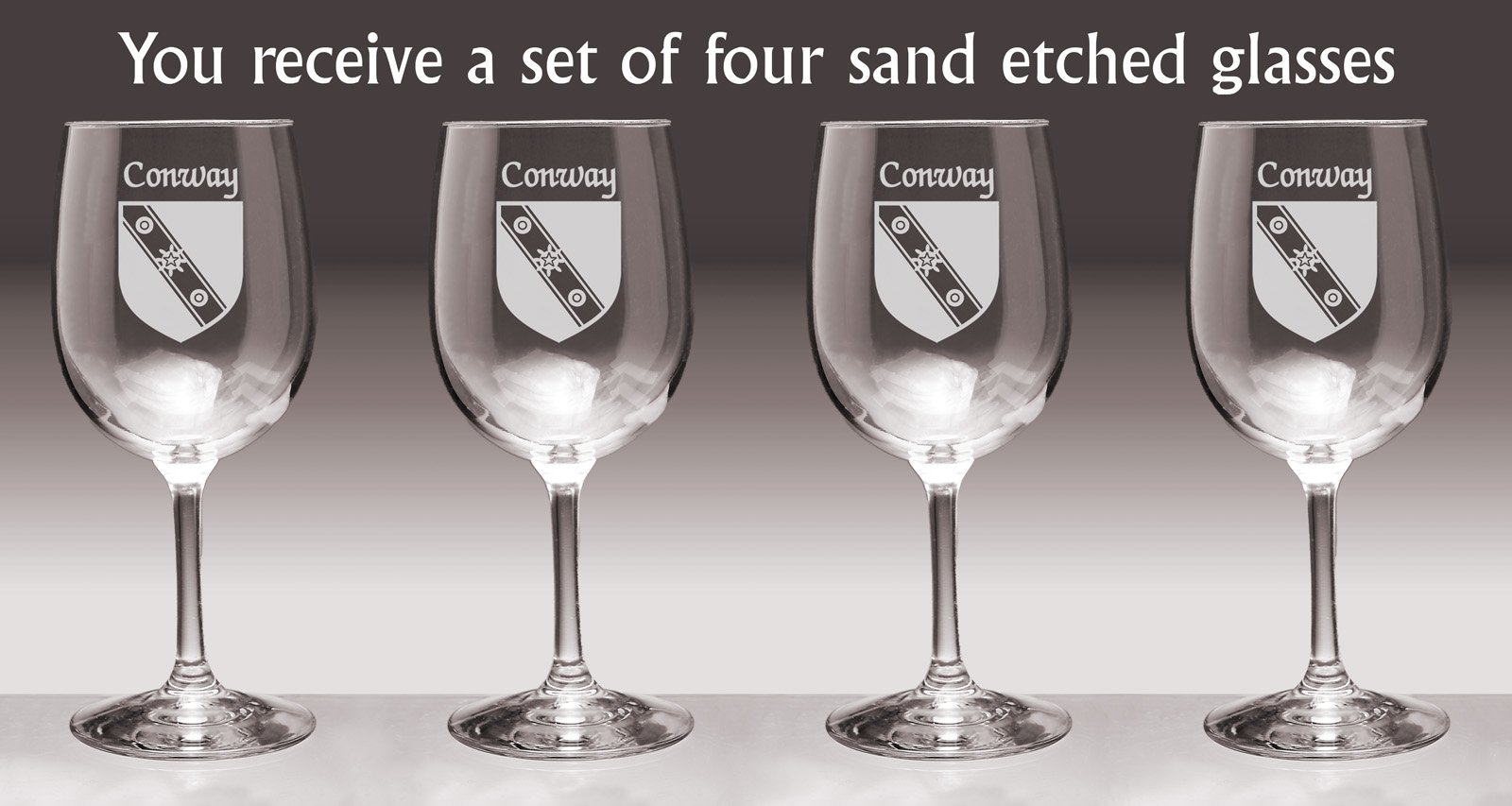 Conway Irish Coat of Arms Wine Glasses - Set of 4 (Sand Etched) - Equipment