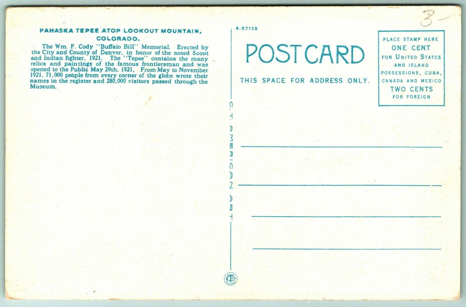 Pahaska Tepee Buffalo Bill Museum Lookout Mountain CO UNP WB Postcard ...
