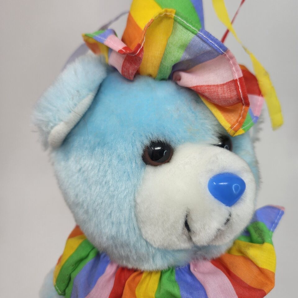 VINTAGE BLUE TEDDY BEAR RAINBOW HAT + COLLAR STUFFED ANIMAL PLUSH TOY ...