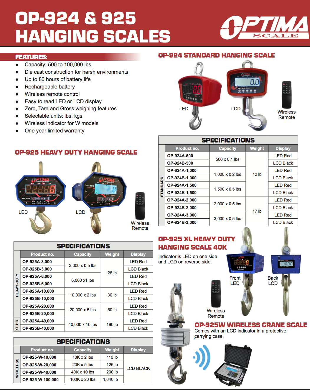 Optima Scales OP-924B-2000 General Purpose Crane Scale 2,000 lb x 1 lb ...