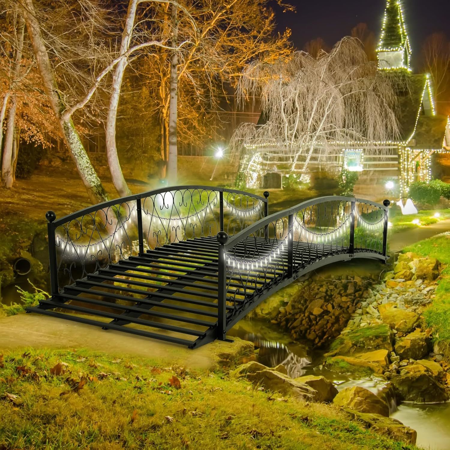 8 FT Metal Garden Bridge Arc Footbridge with Siderails Extra Long Metal ...