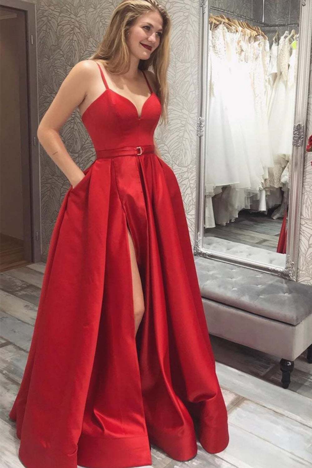 Simple V Neck Red Satin Long Prom Dress with High Slit,Formal ...