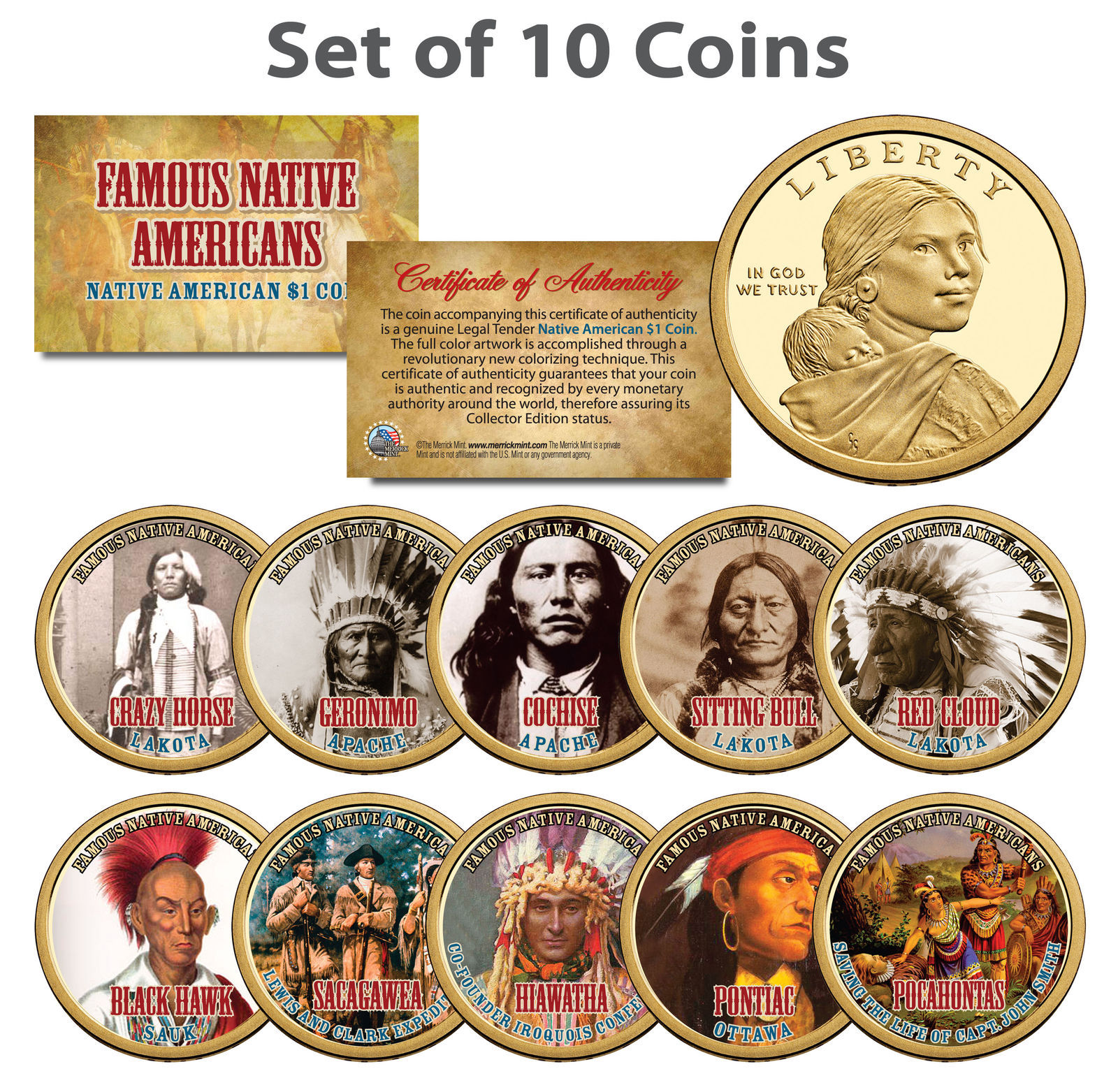 FAMOUS NATIVE AMERICANS Colorized Sacagawea Dollar 10-Coin Complete Set ...