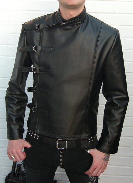 MENS LEATHER JACKET, MEN BELTED FASTEN FRONT JACKET - Men's Clothing