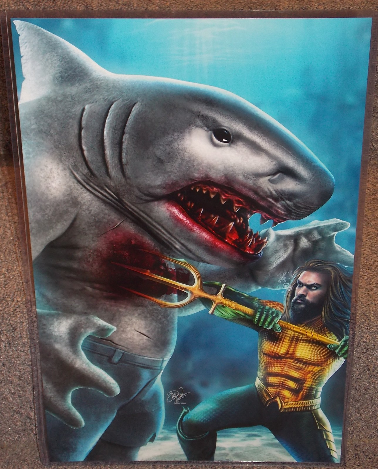 Aquaman vs King Shark Glossy Art Print 11 x 17 In Hard Plastic Sleeve - Art