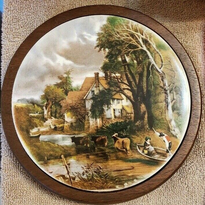 Round Ceramic Tile in Wood Base Trivet Wall Plaque Primitive Farmer ...