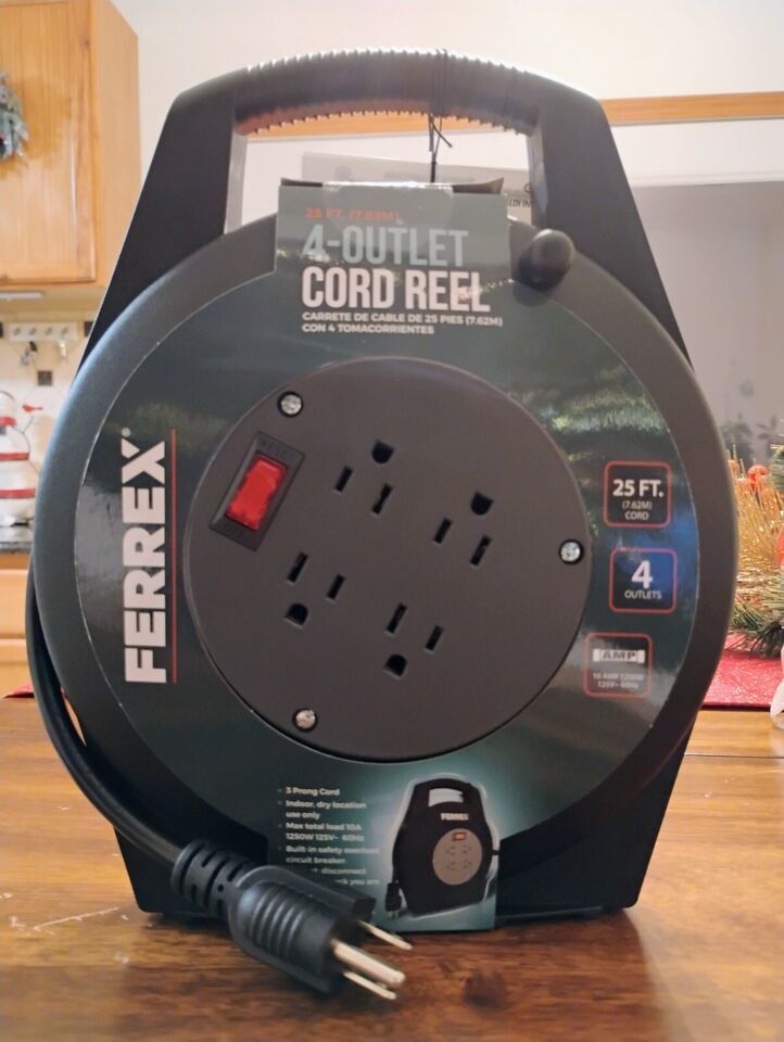 24 Foot Retractable Extension Cord Reel with Breaker Switch and 4 Power ...