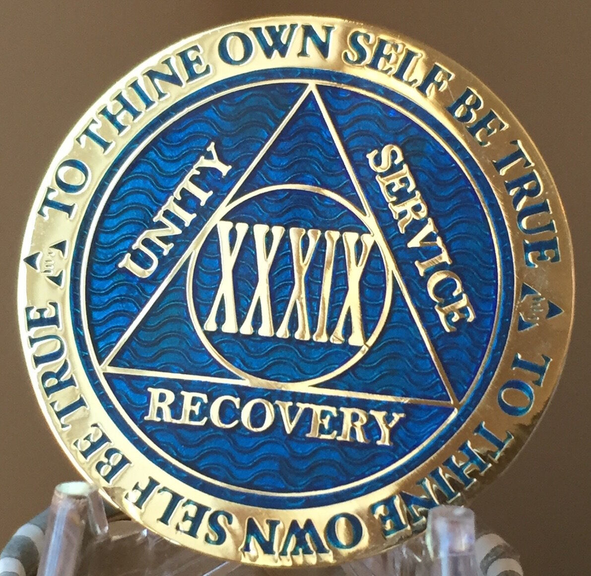 39 Year AA Medallion Blue Gold Plated Alcoholics Anonymous Sobriety ...