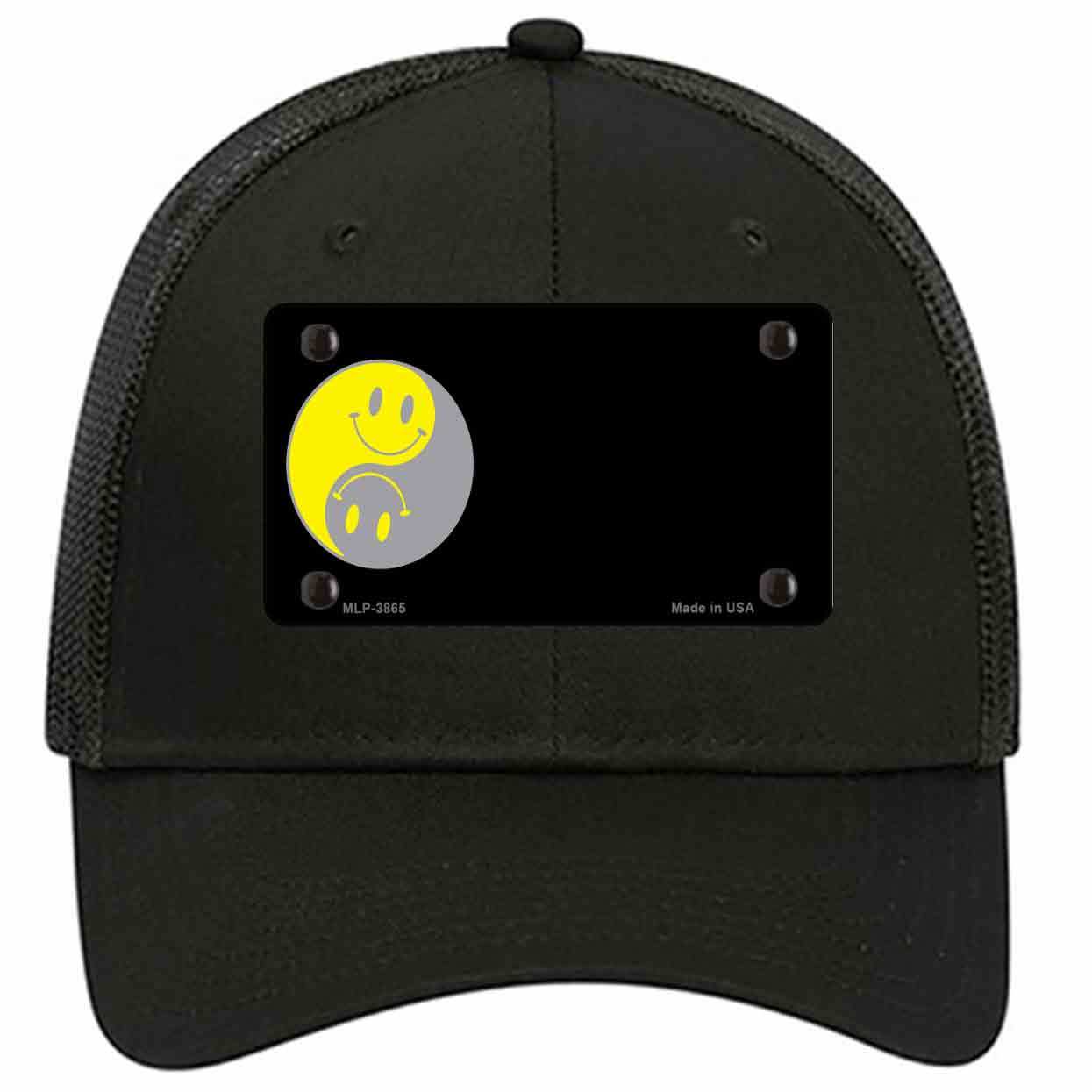 Yin Yang Smiley Offset Novelty Black Mesh License Plate Hat - Hats