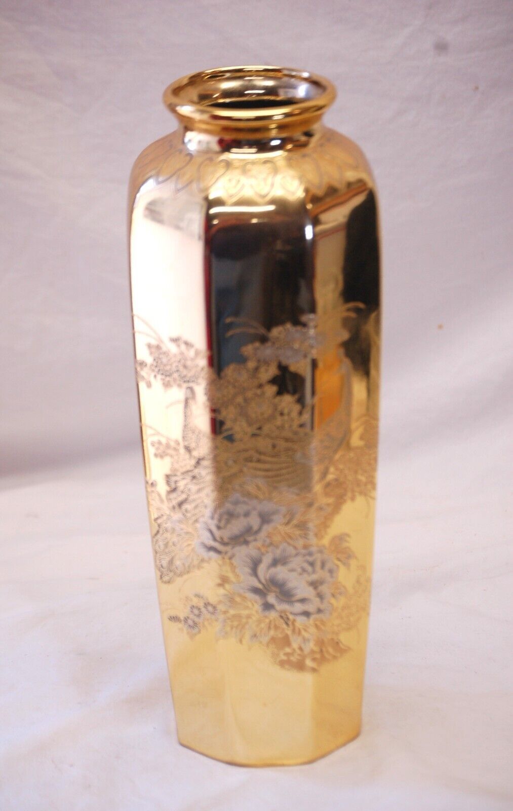 Gold Tone Peacock Floral Ceramic Octagon Vase Japan - Vases