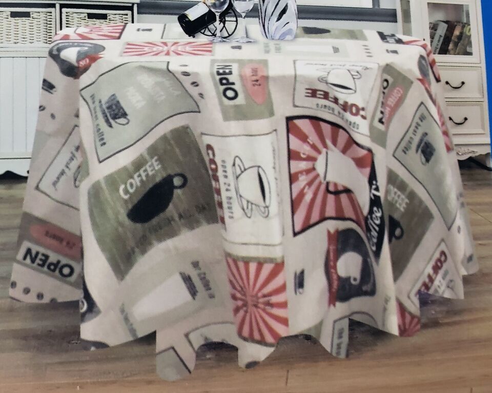 Peva Vinyl Kitchen Tablecloth, 60" Round, PATCHWORK OF COFFEE THEMED ...