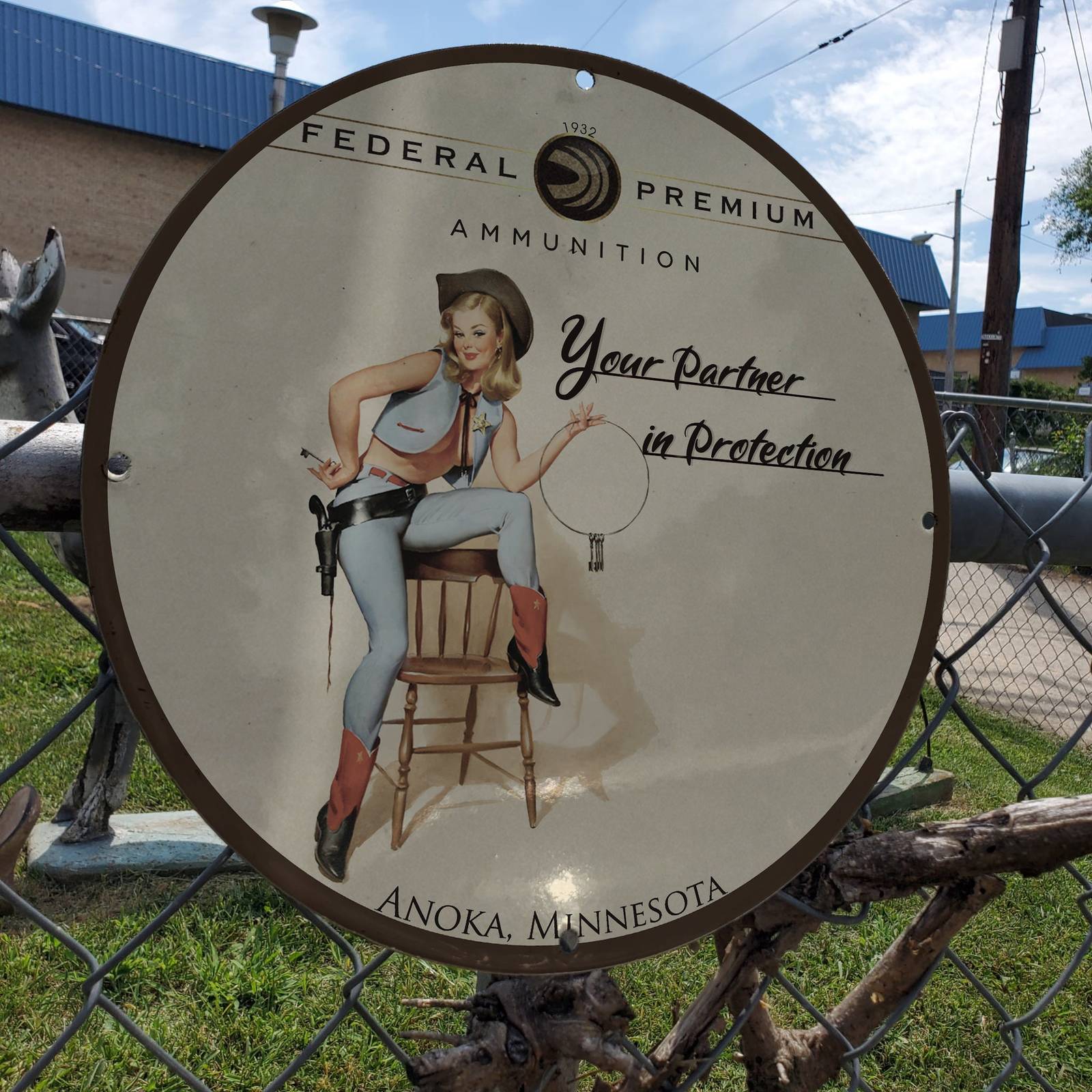 Vintage 1932 Federal Premium Ammunition Porcelain 'Lady Sheriff' Gas ...