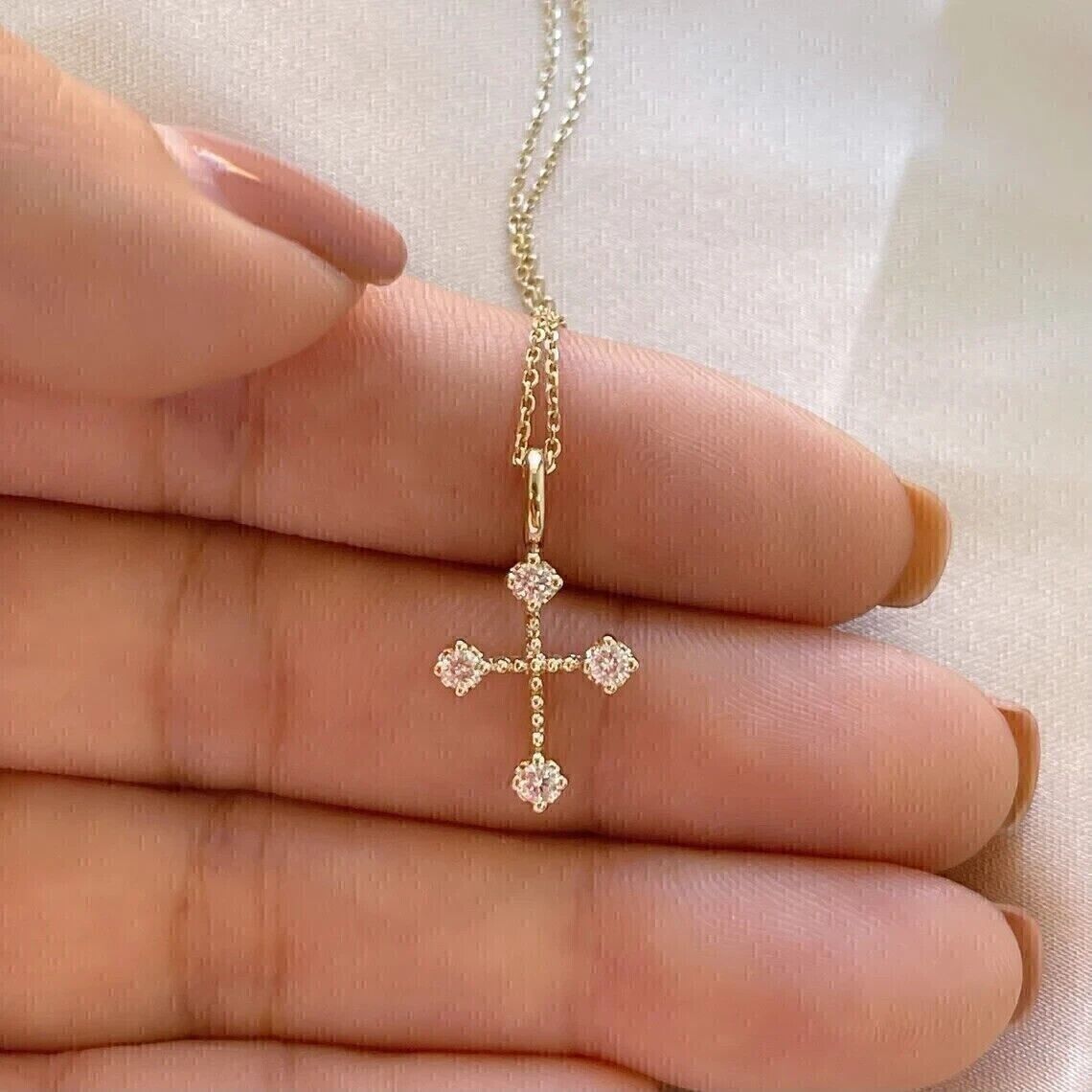 5MM Round Cut Lab Created Diamond Cross Pendant Necklace 14K Yellow ...