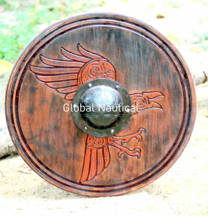 Raven Viking Shield Hand Carving Norse Raven Wooden Round 24" - Armor ...