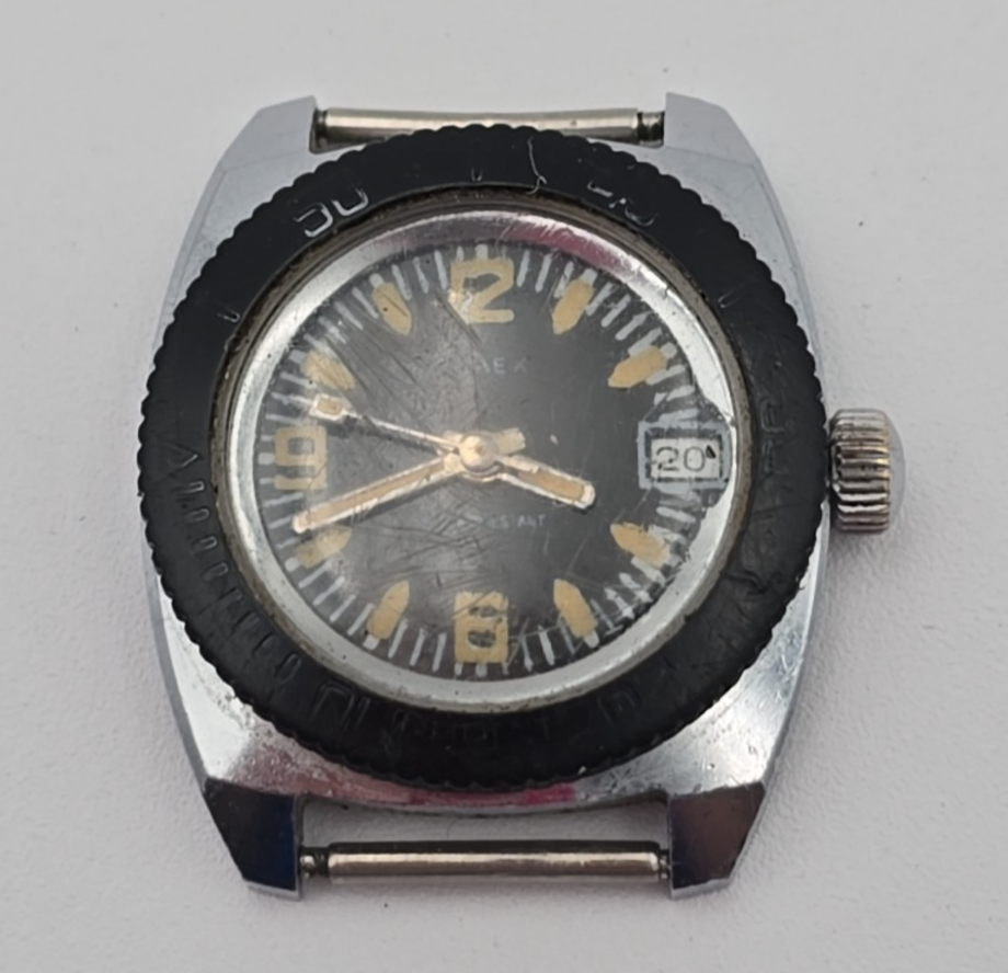 Vtg 1970 Timex Sprite Diver Mechanical Wind Up Chrome Plated Black ...