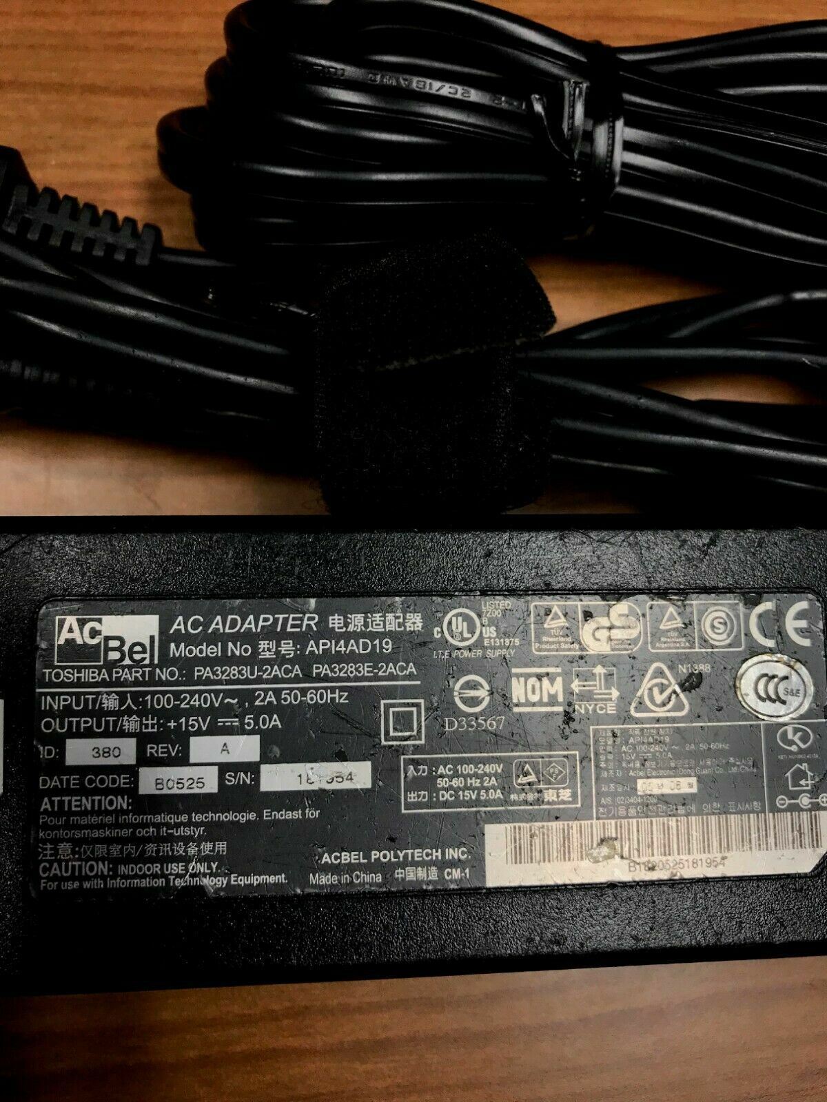 AcBel AC Laptop Charger Adapter for Toshiba API4AD19 PA3283U-2ACA ...