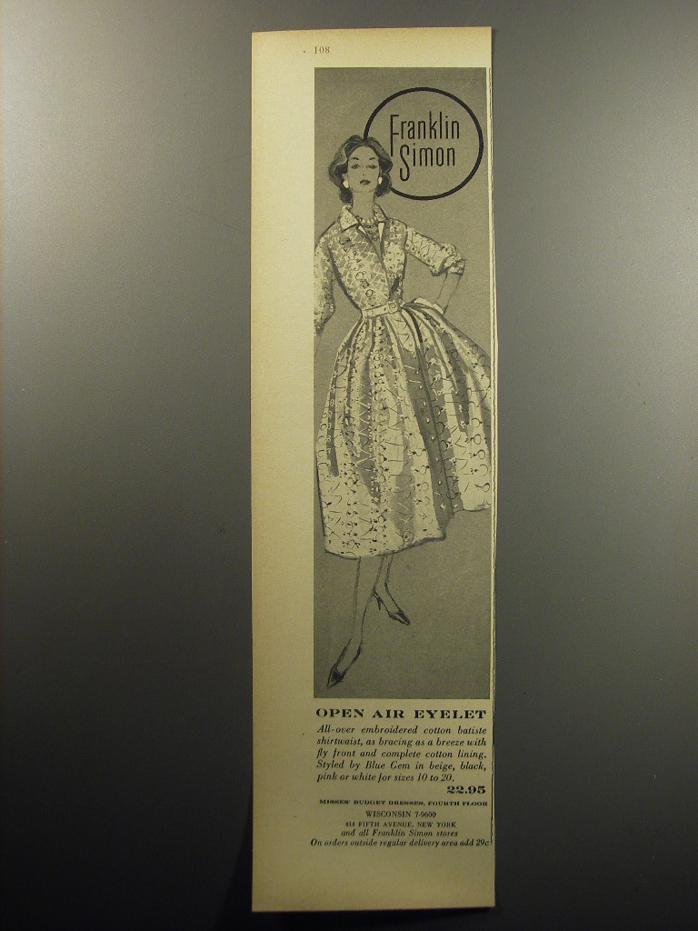 1957 Franklin Simon Blue Gem Dress Advertisement - Open air eyelet ...