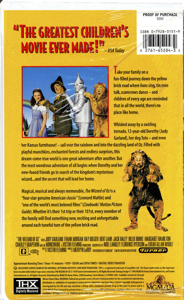 THE WIZARD OF OZ VHS CLAMSHELL DIGITALLY REMASTERED THX 1996 NEVER ...