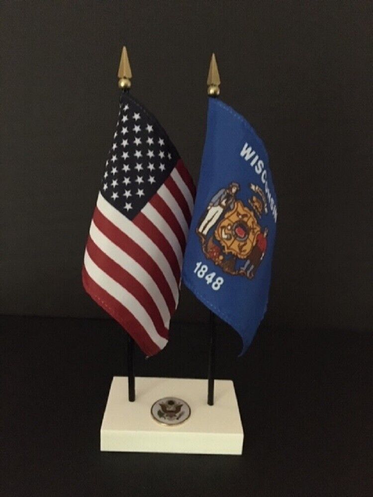 USA & Wisconsin 4"x6" Office Desk Flag Executive Set; 2 Flags, Base w ...