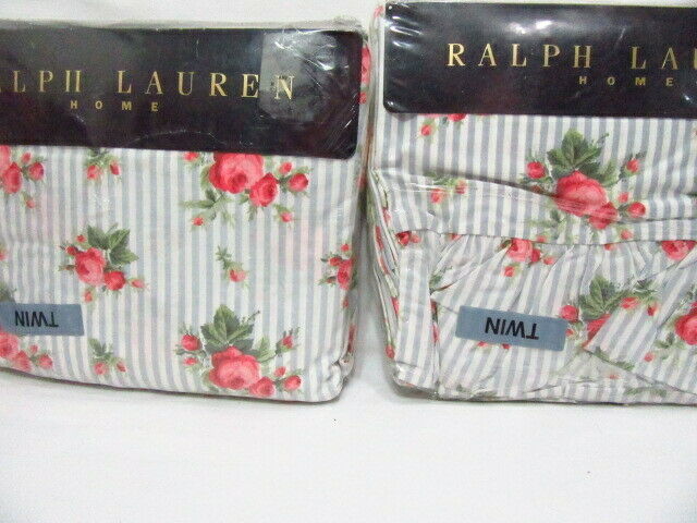 Ralph Lauren Emma Floral Blue Stripe Ruffled Twin Flat and Fitted ...