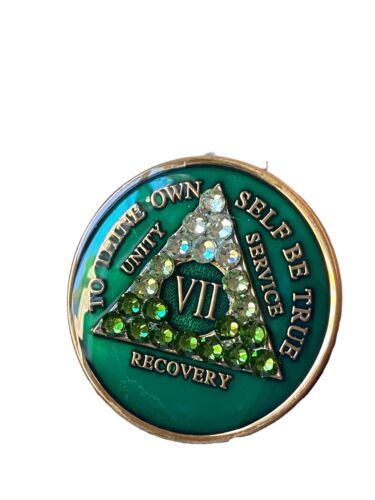 7 Year AA Medallion Green Transition Crystal Tri-plate Sobriety Chip ...