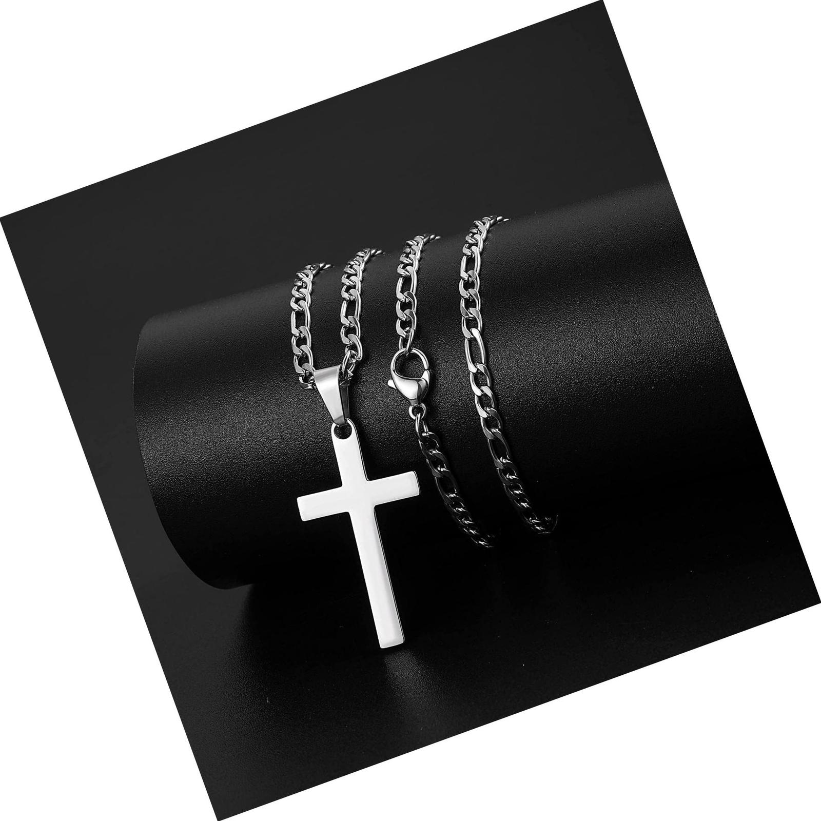 Stainless Steel Cross Necklaces for Men Figaro Chain Black - Keychains