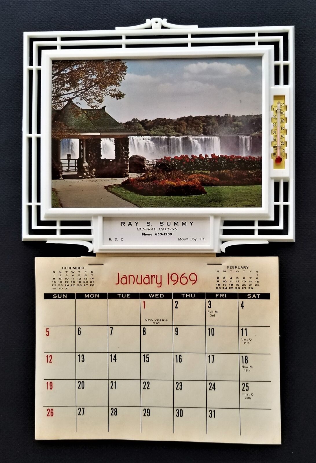 1969 antique RAY SUMMY mount joy pa CALENDAR THERMOMETER waterfall ART ...