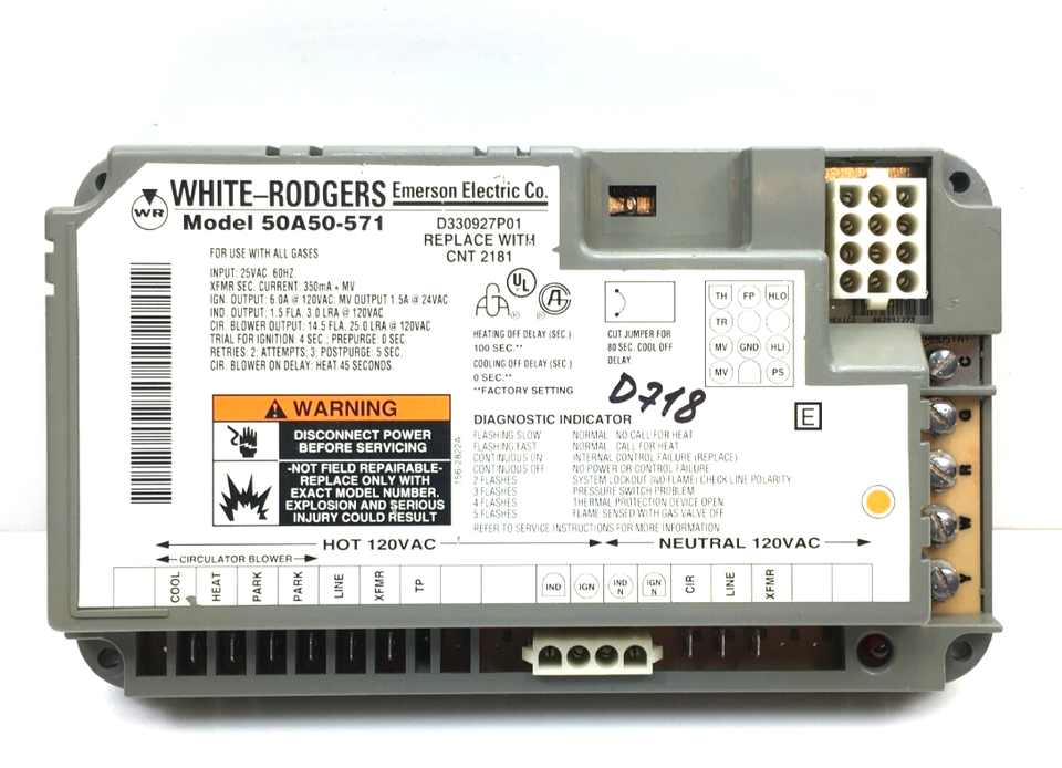 White Rodgers D330927P01 Furnace Control Circuit Board Model 50A50-571 ...