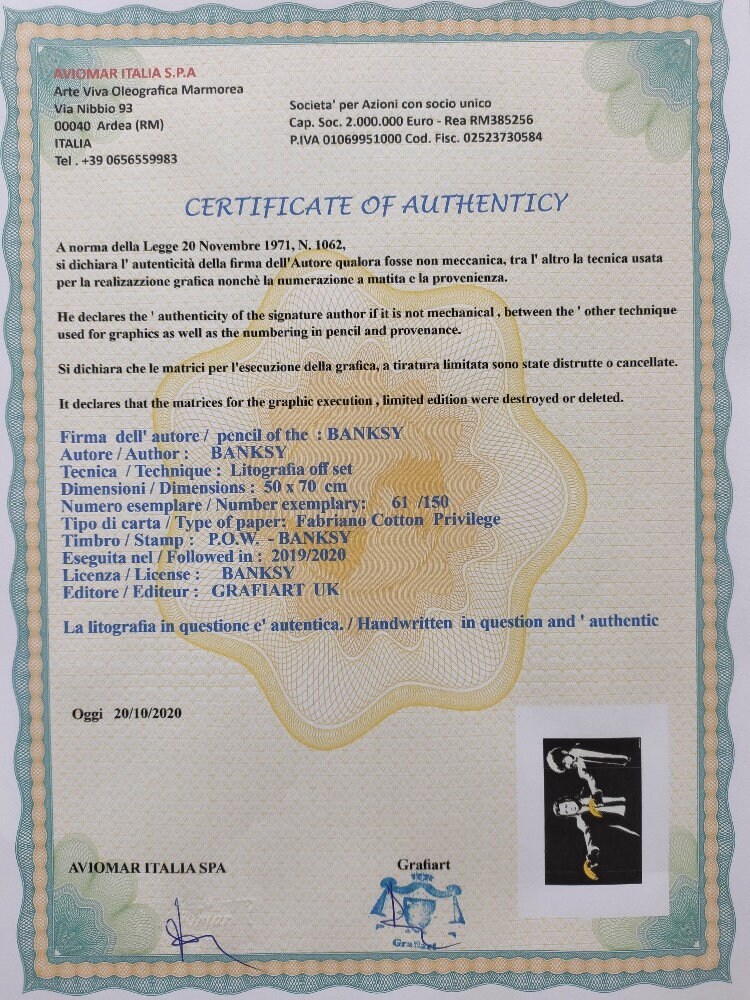 BANKSY PULP FICTION - Certificate (Banksy Wall Art, Banksy Litograph ...