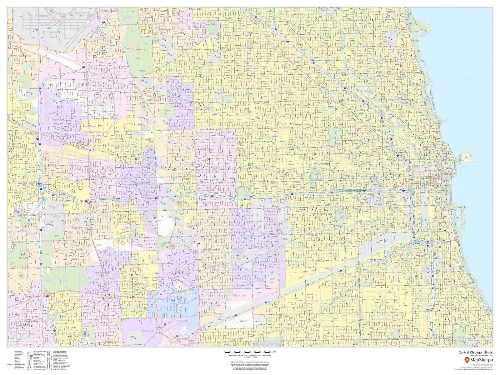 Central Chicago, Illinois Laminated Wall Map (Landscape) (MSH) - Maps ...