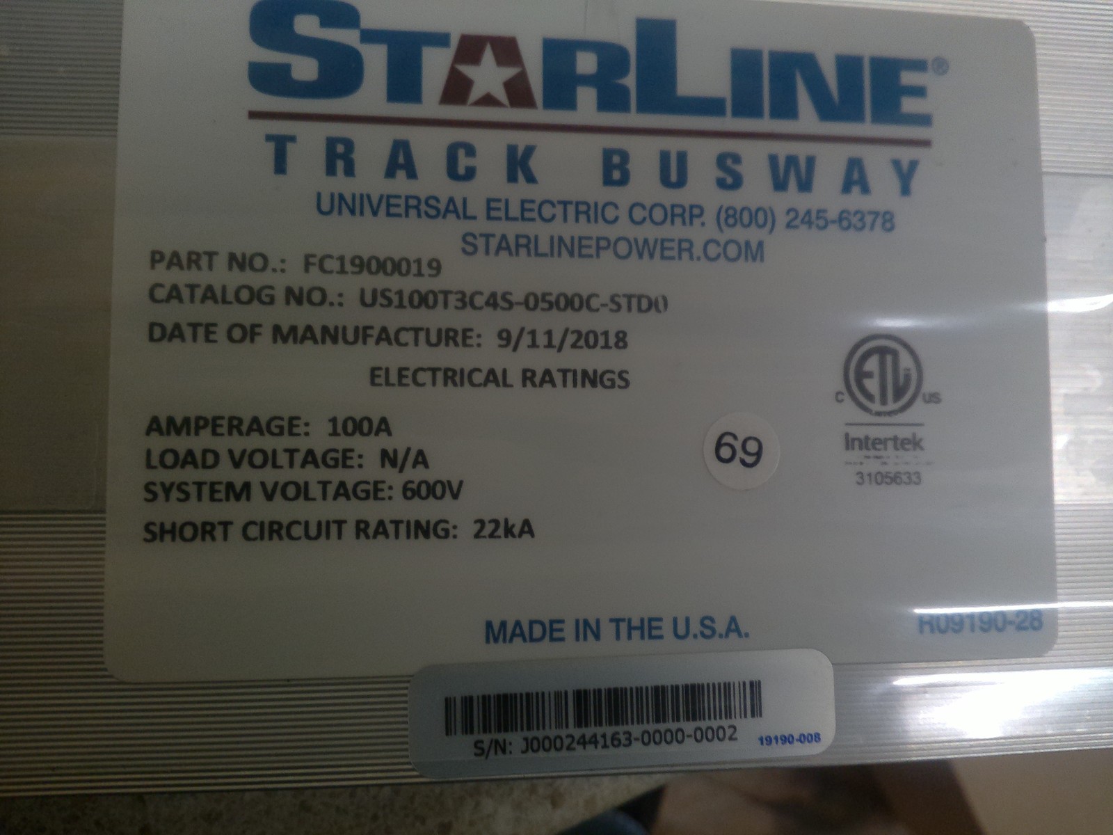 STARLINE (UNIVERSAL ELECTRIC CORP.) FC1900019 BUSWAY/100A 600V 4 POLE ...