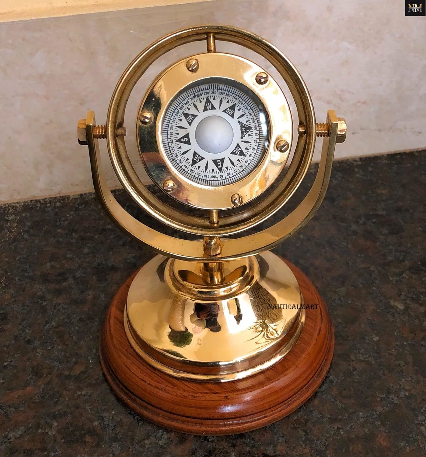Nautical 3xglass 5" Brass Plated Gimbal Compass with Stand - Home ...