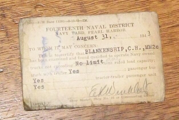 1943 14TH NAVAL DISTRICT NAVY YARD PEARL HARBOR MILITARY DRIVER LICENSE ...