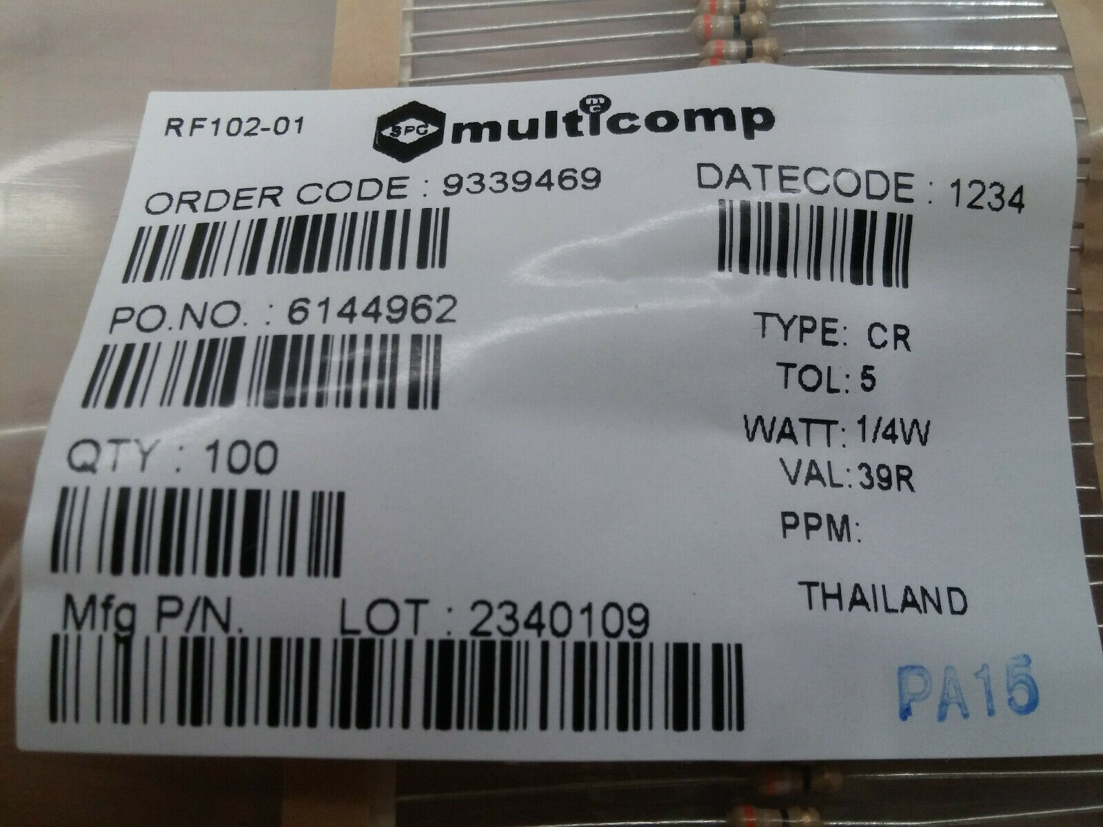 Multicomp Resistors Pack of 100 39 Ohms Brand New BCW4J0390A00 Carbon ...