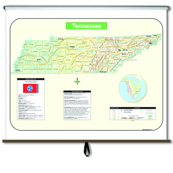 Tennessee Large Scale Shaded Relief Wall Map on Roller - Maps & Atlases