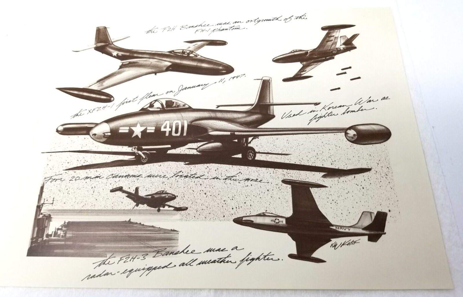 F2H Banshee Plane Art Print Drawing McDonnell Douglas 1986 75th ...