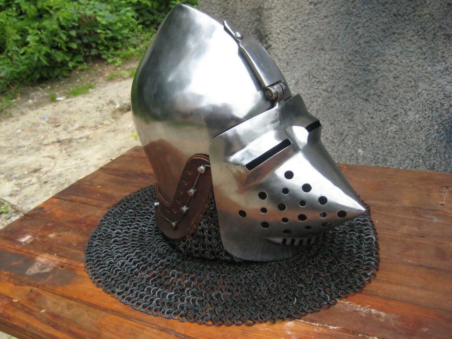Medieval Knight Replica Helmet Bascinet Armor Chain Mail Pig Face Steel ...