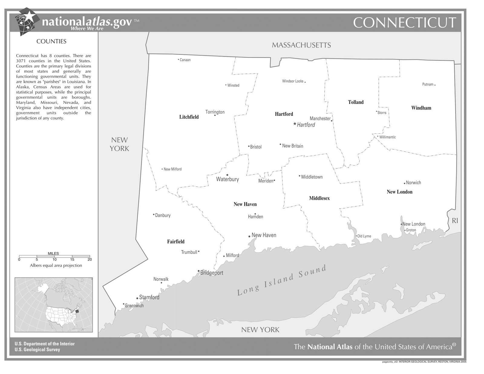 Connecticut State Counties w/Cities (Black&White) Laminated Wall Map ...