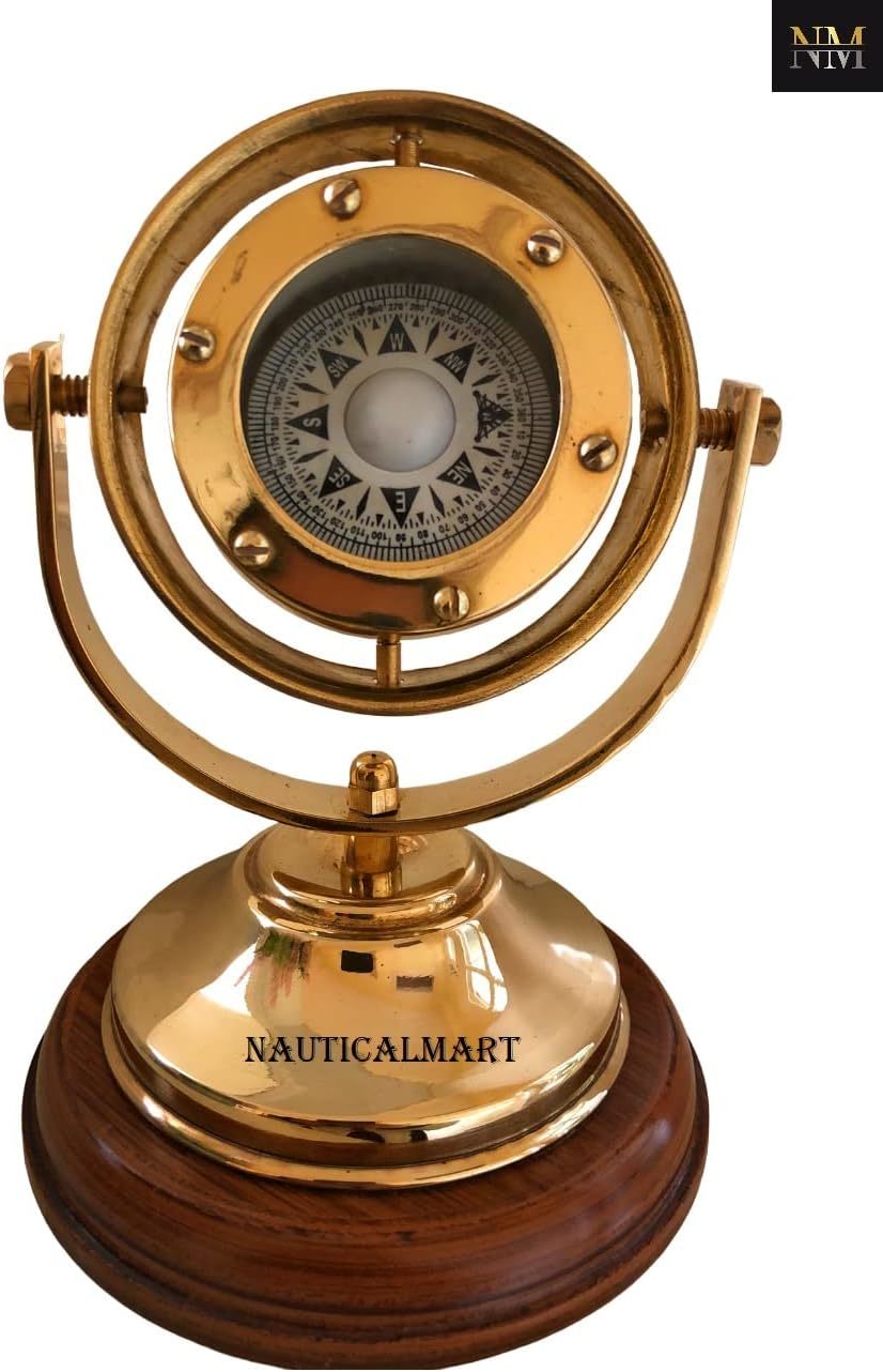 Nautical 3xglass 5" Brass Plated Gimbal Compass with Stand - Home ...